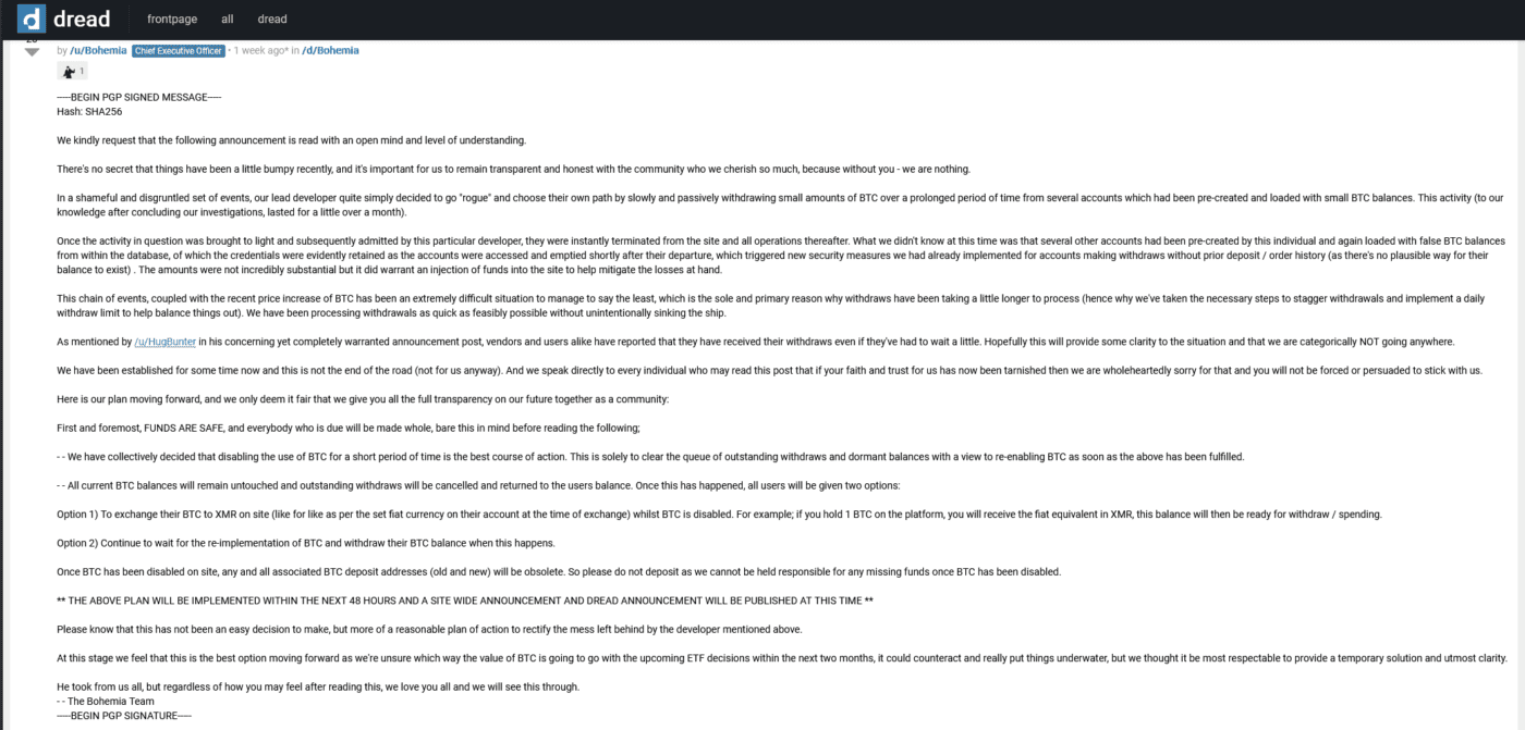 Bohemia Administrators Blame “Rogue” Developer For Dark Web Market ...